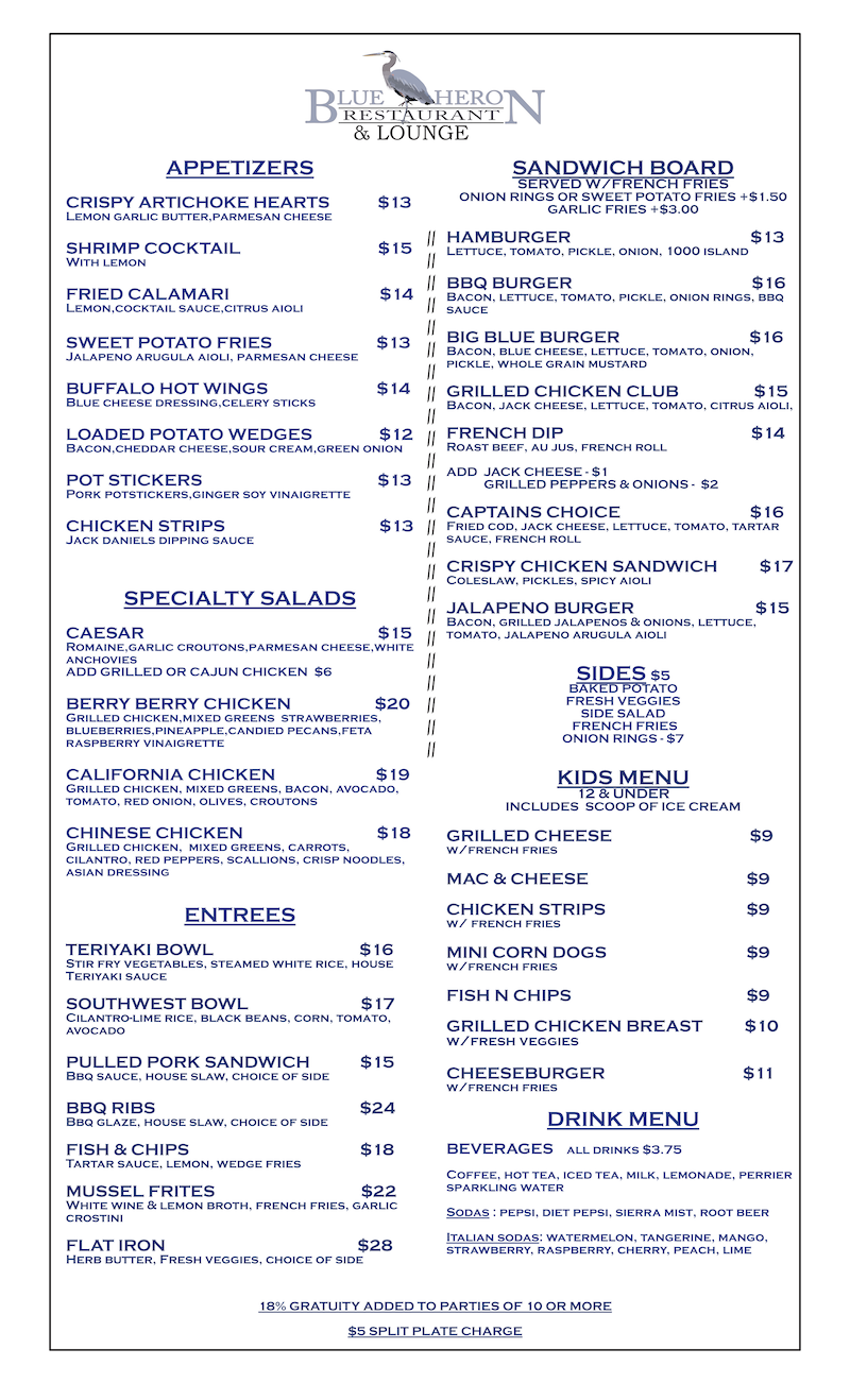 2023 Blue Heron SUNDAY menu | Yosemite Lakes Park